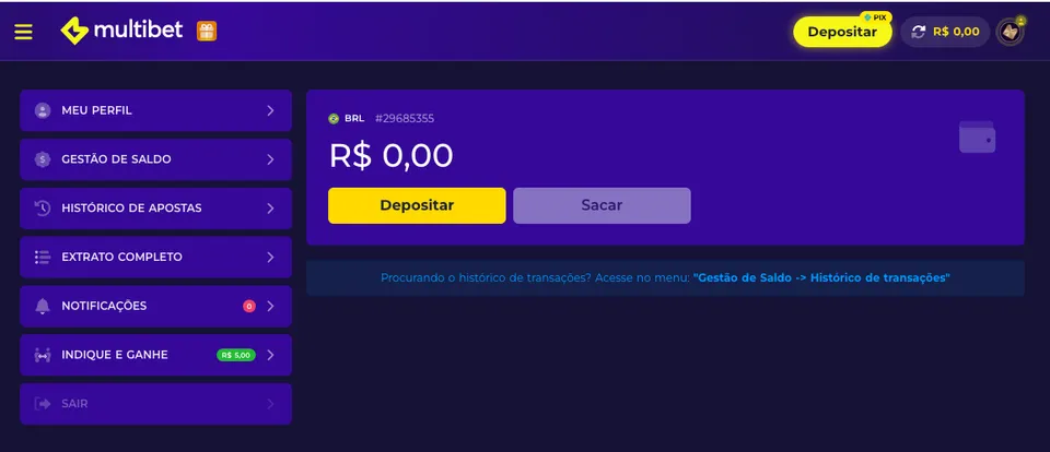 Multibet Games: tela de saques da plataforma de cassino
